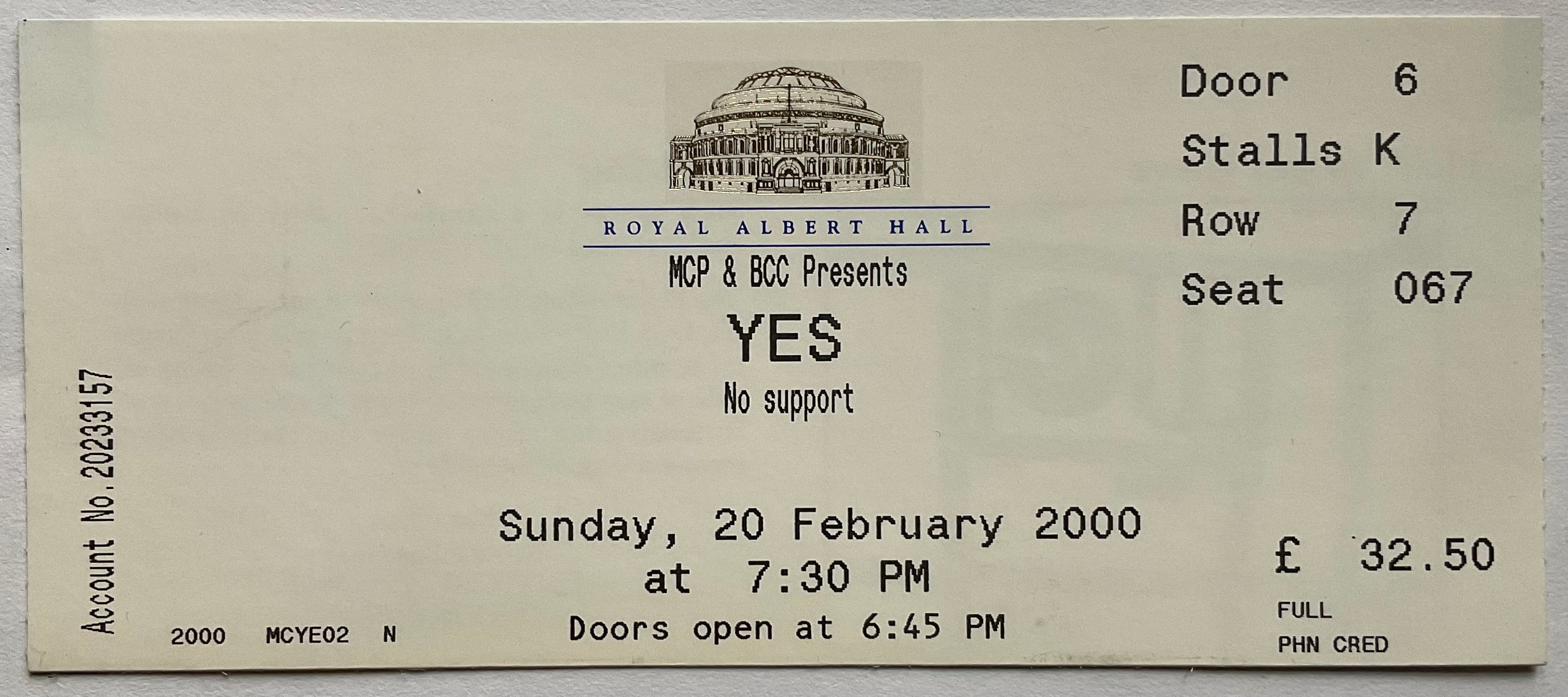 Yes Original Used Concert Ticket Royal Albert Hall London 20th Feb 200 ...