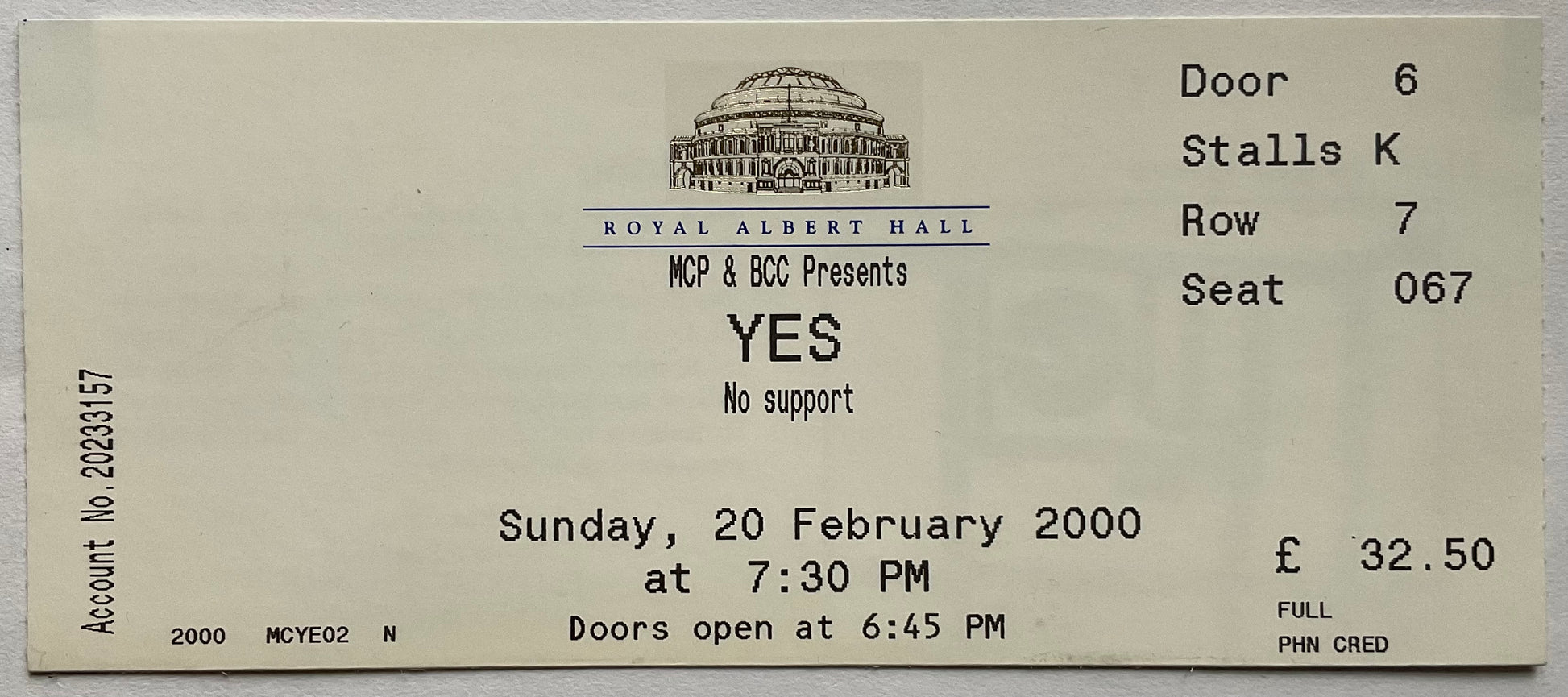 Yes Original Used Concert Ticket Royal Albert Hall London 20th Feb 200 ...