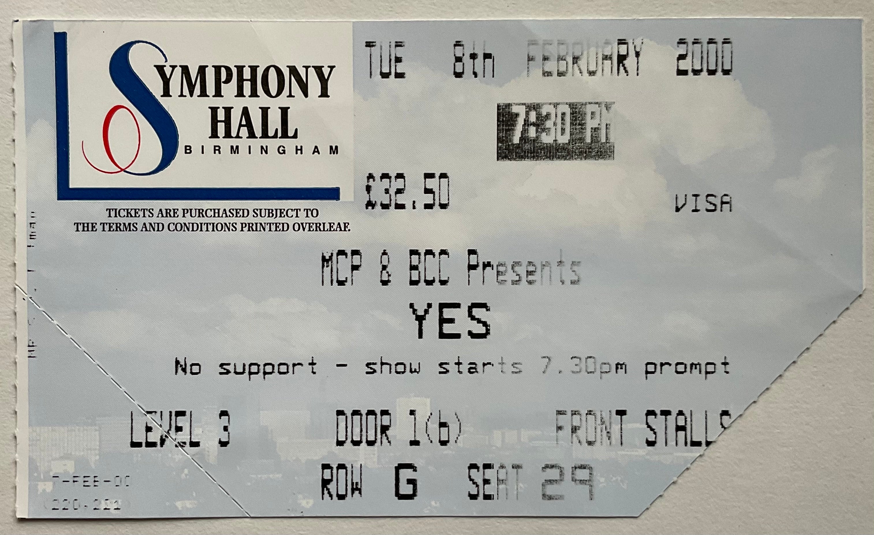 Yes Original Used Concert Ticket Symphony Hall Birmingham 8th Feb 2000 ...
